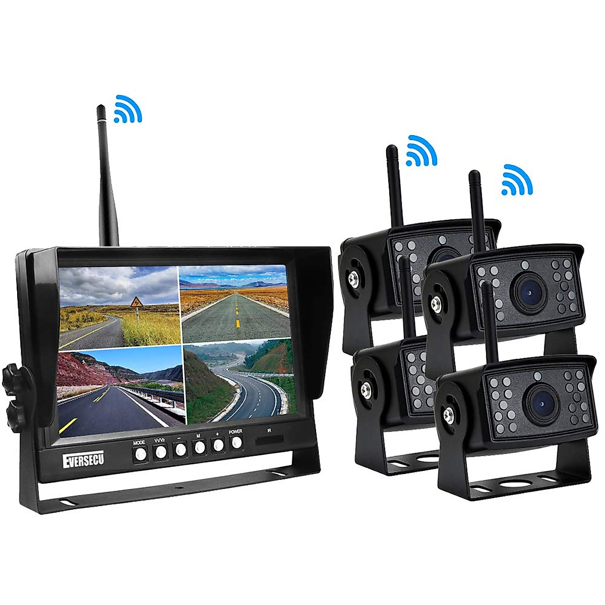 EVERSECU 4pcs Digital HD 1080P Wireless Car Backup Camera with 9 inch 4ch Quad Display Monitor/Car DVR/Dash Monitor/Vehicle Video Recorder for RV/SUV/Van/Pickup/Truck/Trailer Rear/Side/Front View