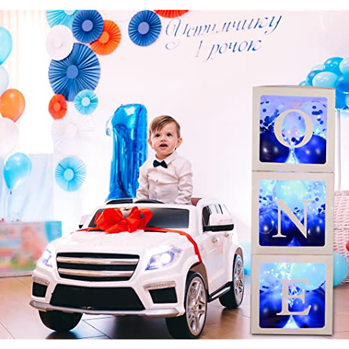 FIGEPO First Birthday Balloons Boxes with 3 LED String Lights and 12 Blue Balloons 12 Confetti Balloons ONE Transparent White Blocks for Baby Boy 1st Birthday Decorations baby shower Photo Shoot Prop