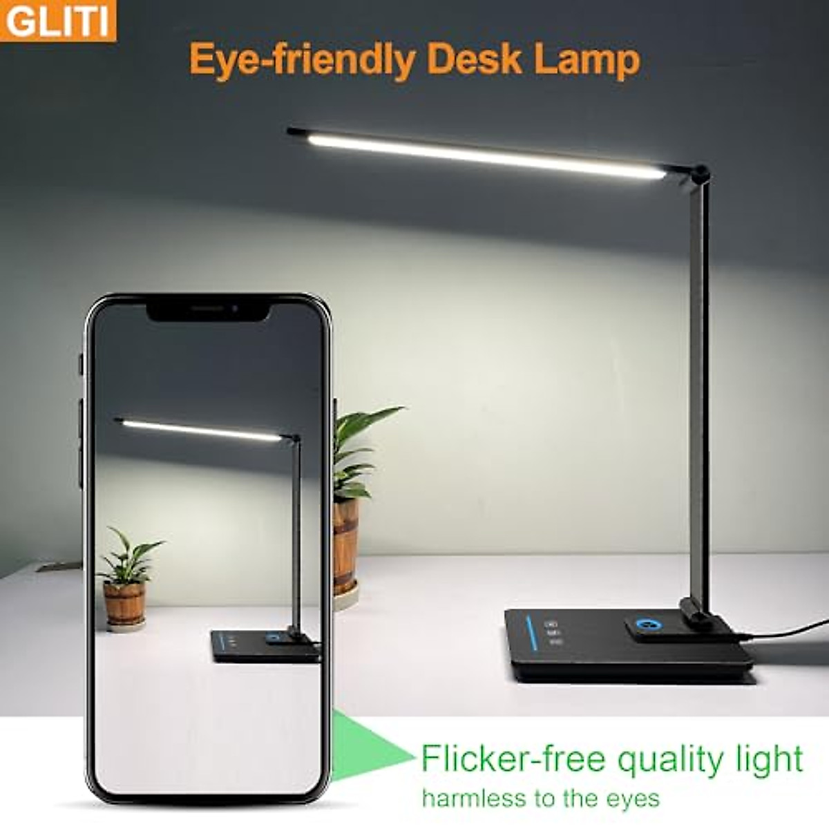 GLITI LED Desk Lamp, Black Modern Table Lamp, Ideal Gift for Study, Office. Dimmable Desk Lamp for Work, Video Conferencing, Reading and Writing, Arts and Crafts, Nail Art.