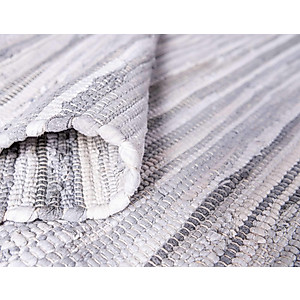 Unique Loom Chindi Cotton Collection Soft Hand Woven Natural Fiber Striped Area Rug, 9 ft x 12 ft, Gray/Ivory