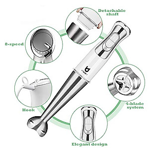 Immersion Hand Blender, UTALENT 3-in-1 8-Speed Stick Blender with Milk Frother, Egg Whisk for Smoothies, Coffee Milk Foam, Puree Baby Food, Sauces and Soups - White