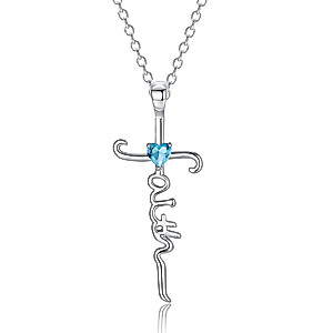 Nupdot Silver Cross Necklace for Women, Sterling Silver Chain March Birthstone Faith Cross Pendant Necklaces Christmas Christian Religious Birthday Gifts for Her, with Gifts Box