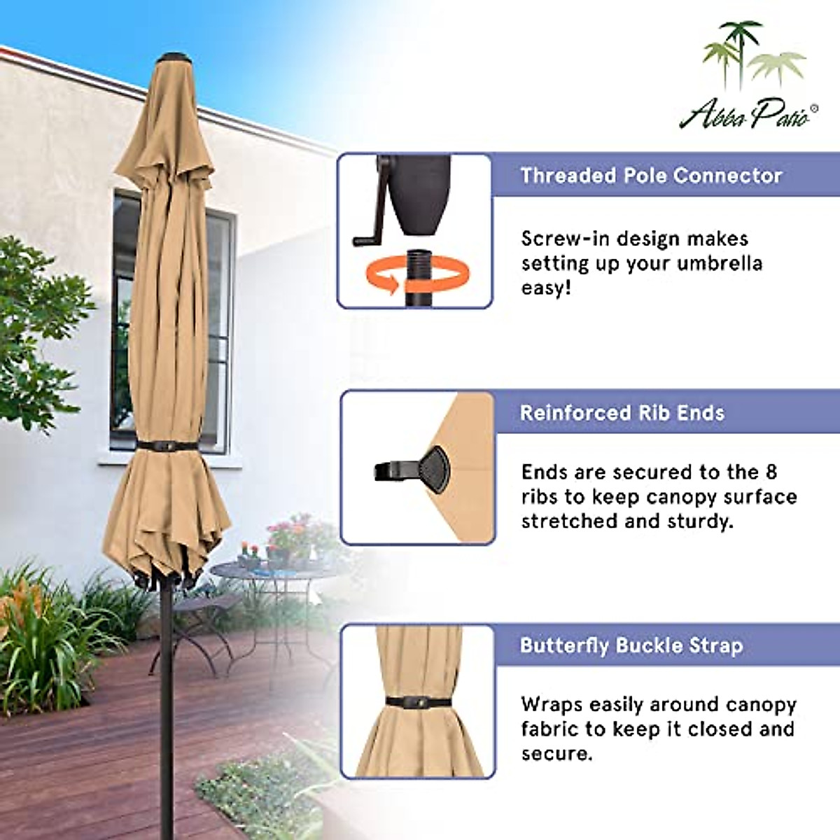 Abba Patio 11ft Patio Umbrella Market Outdoor Table Umbrella with Push Button Tilt and Crank, 8 Ribs, UV Protection, Tan
