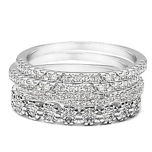 TwoBirch 18k White Gold Micro-plated 4 Piece Ring Set with Cubic Zirconia Stacking Ring Set (925 Silver, Sizes 7)