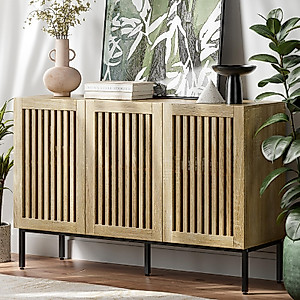 BVIUNTWO Buffet Cabinet with Storage,47.2" Farmhouse Console Table with Metal Base and Adjustable Shelves,Sideboard Coffee Bar Cabinet with 3 Doors for Bedroom,Dining Room,Living Room,Oak