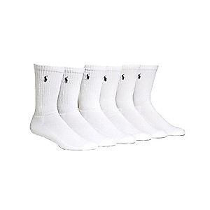 Ralph Lauren Crew Sport Socks 6-Pack, Size 10-13 Fits Shoe Size 6-12.5, White