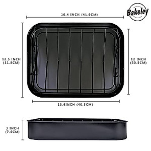 Bakeley Roasting Pan, Nonstick Roaster Pan with Rack, Turkey Roasting Pan with V Rack, 17 Inch x 13 Inch, Black
