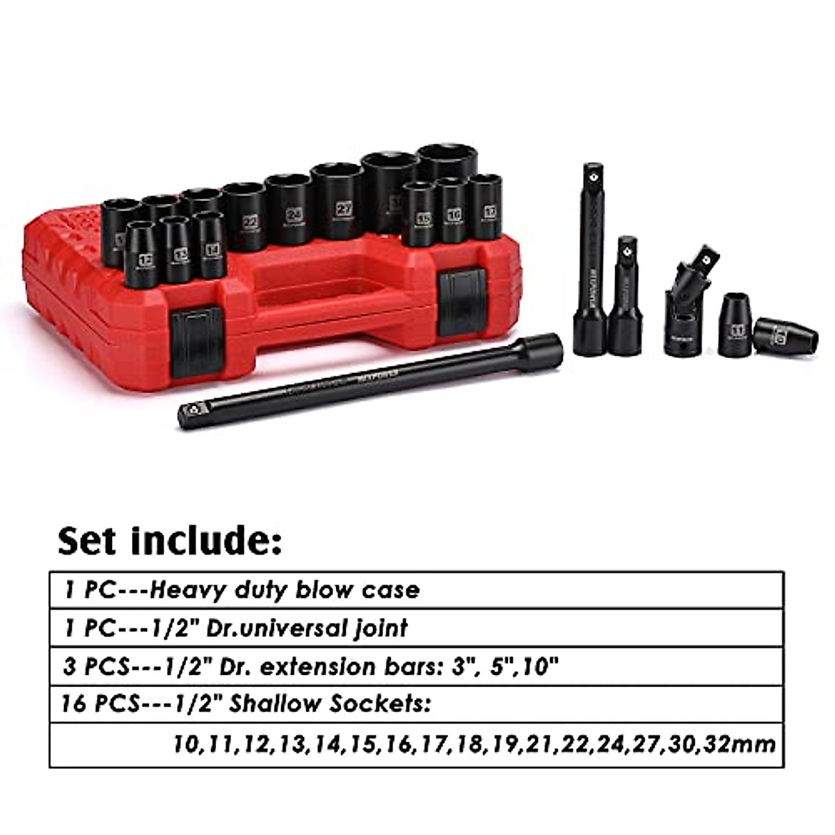 MIXPOWER 1/2-Inch Drive Shallow Impact Socket Set Metric Size 10mm-32mm CR-V 6-Point Mechanic and Repair Project 20-Piece 1/2" Shallow Sockets Set with Extension Bar and Universal Joints
