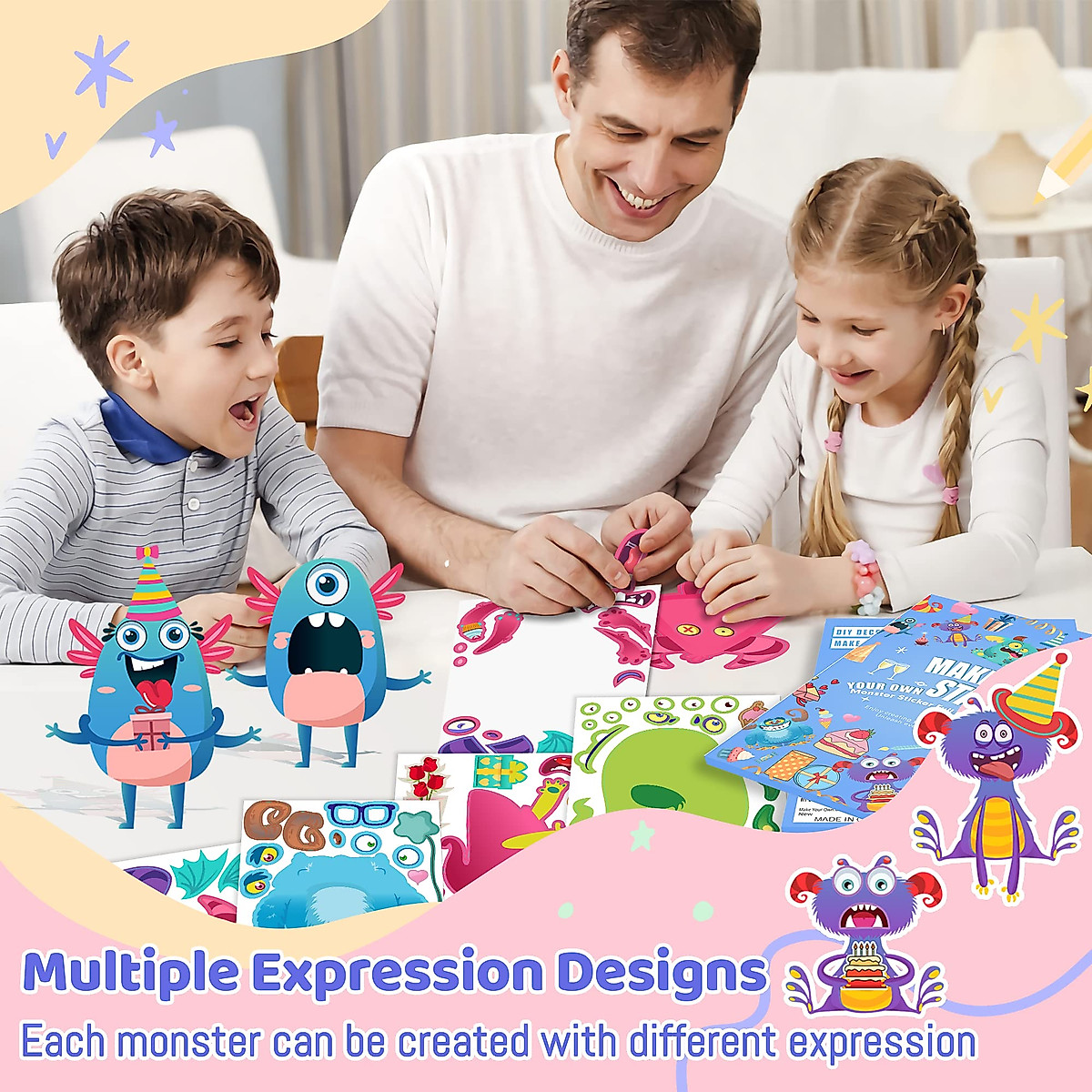 Dcuminkel Make-A-Face Stickers - 50 Sheets Kids Sticker Craft, Monster Theme Party Favor Stickers for Kids, Keep Kids Busy Activity Bulk, 10 Styles for Party School Class, Goodie bag Idea, Gift