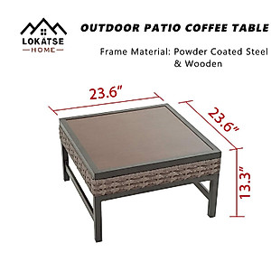 LOKATSE HOME Outdoor Patio Dining Square Bistro Coffee Side Slatted Metal Steel Wicker Frame Aluminum Plastic Plate Furniture End Table for Garden Lawn Poolside, Grey