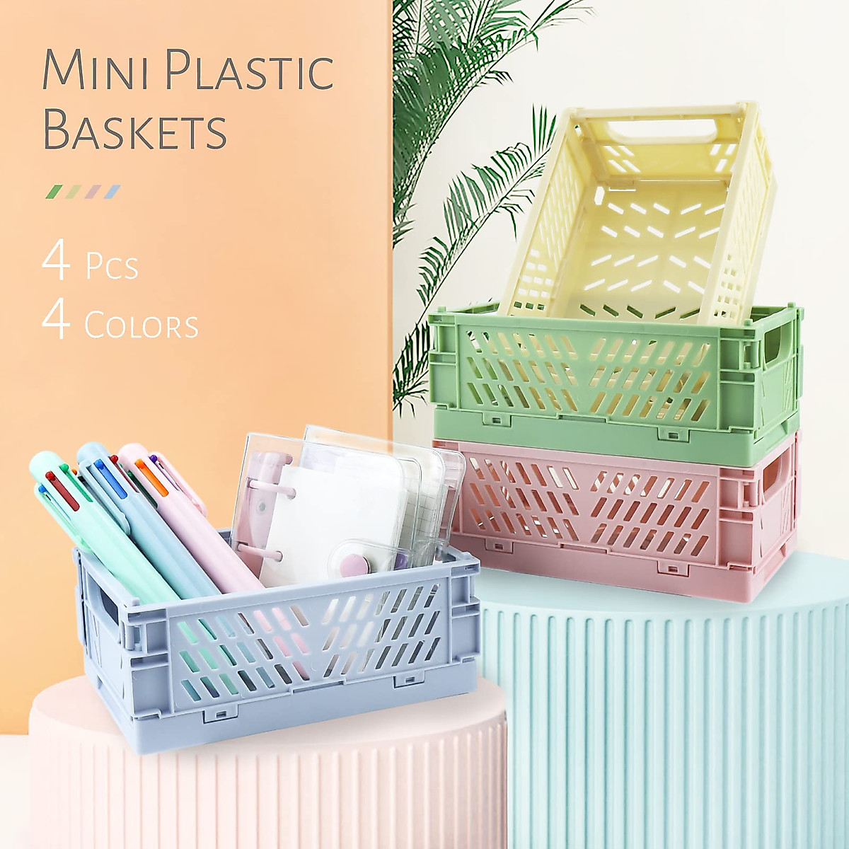 YETOOME 4 Pack Mini Plastic Baskets for Shelf Storage Organizing, Small Plastic Baskets, Folding Storage Crate for Home Kitchen Classroom Bedroom Bathroom Office (5.9 x 3.8 x 2.2 in)