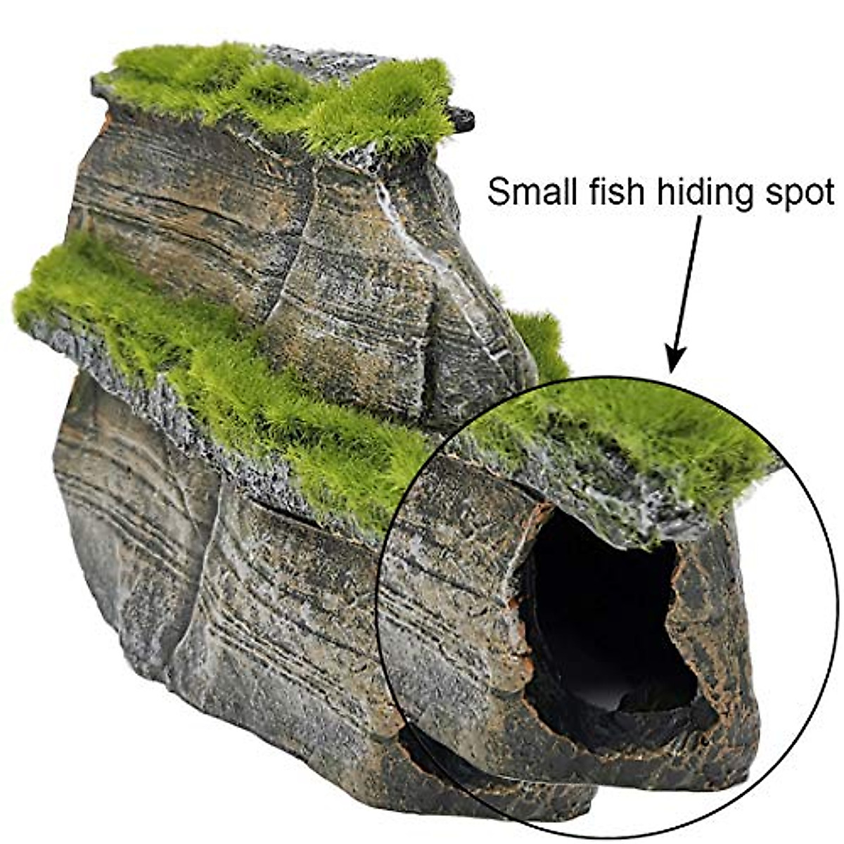 PINVNBY Aquarium Rock Cave, Hollow Fish Tank Ornament, Betta Hiding Hut Resin Mountain Landscape with Moss for Shrimps Guppies Cichlids Playing Resting