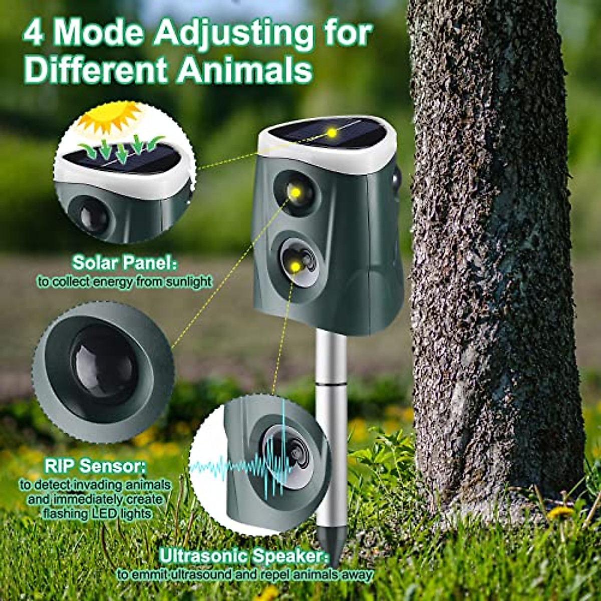 Solar Animal Repeller Ultrasonic Repellent Alarm Sound Cat Deterrent Multi Modes Mole Repellent Motion Detection LED Flashing Light to Repel Dog Raccoon Bird Squirrels Fox Garden Animal Green(4 Pack)