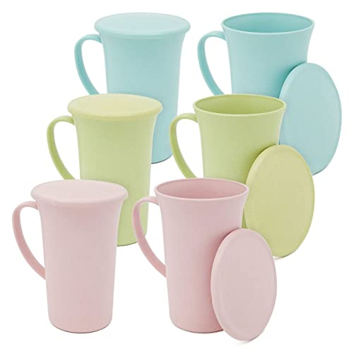 Wheat Straw Mugs with Handle, Set of 6 Unbreakable Coffee Cups with Lids (3 Colors, 15 oz)