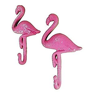 2 pc Pink Flamingo Wall Hooks Vintage Cast Iron
