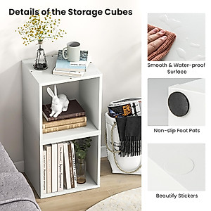 Giantex 2 Cube Bookshelf Organizer, 2-Tier Stackable Cube Storage Organizer, Small Wooden Open Book Shelf with Anti-toppling Device, Wood Floor Standing Display Shelving Bookcase, White