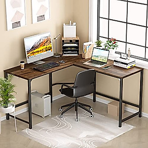 TinyTimes 54.3" L-Shaped Computer Desk, Corner Desk, Computer Desk, for Home Office Writing Study Workstation Industrial Style PC Laptop Table Gaming Desk Save Space Easy Assembly -Brown+Black