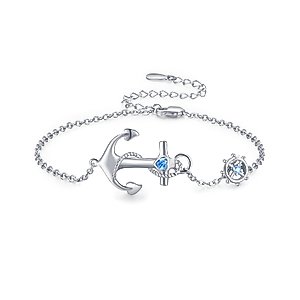 Anchor Bracelets Adjustable for Women, 925 Sterling Silver Heart Charm Bracelet Blue Nautical Sailor Bracelet Friendship Jewelry Confirmation for Mom Women Wife Girlfriend