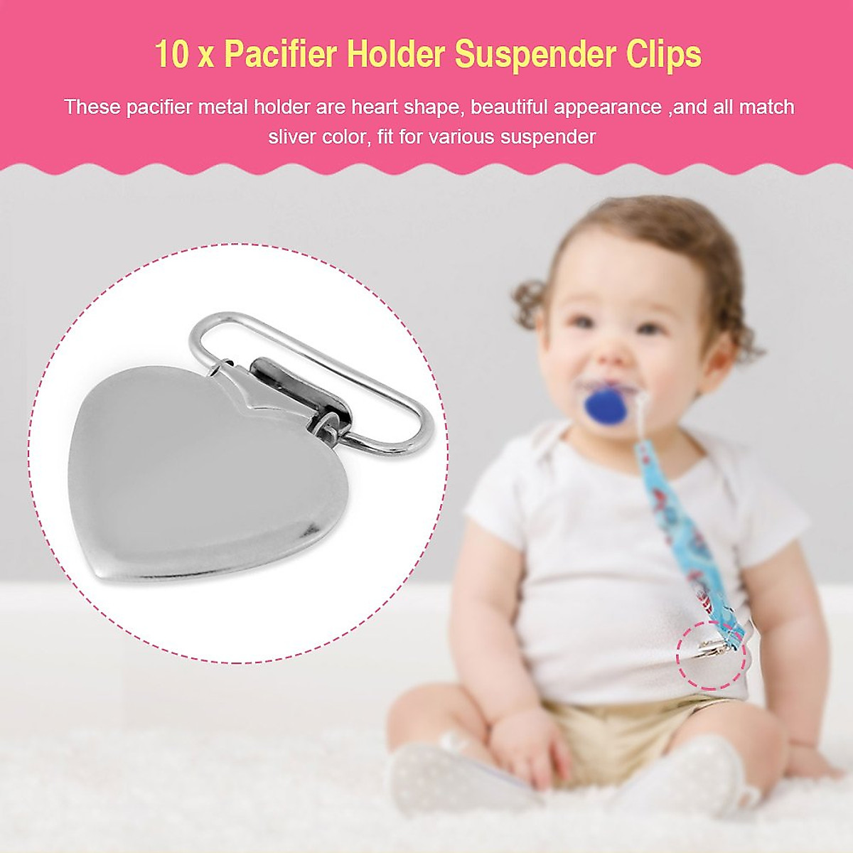10Pcs Heart Suspender Clips, 20mm Baby Teething Toys Silver Blankets Clips Heart Shaped Suspender Braces Clips Holder for Baby Home Use