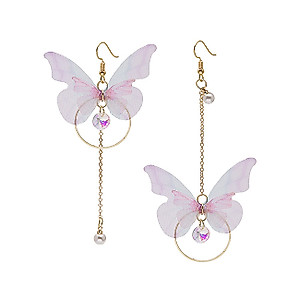 Long Butterfly Chain Tassel Drop Dangle Earrings for Women Asymmetric Butterfly Pearl Circle Pendants Earrings Colored Tulle Butterfly Wings Earrings (Butterfly-1)