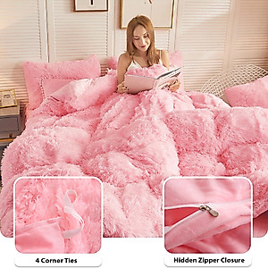 LIFEREVO Luxury Plush Shaggy Duvet Cover Set, Soft Velvet Fluffy Furry Duvet Cover Set(1 Faux Fur Fuzzy Comforter Cover + 2 Pom Poms Pillowcases) Solid Bedding Set, Zipper Closure(Full/Queen, Pink)