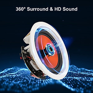 Herdio 6.5” Flush Mount in-Ceiling Speakers Passive Speaker System 150 Watts Perfect for Humid Indoor Outdoor, Kitchen,Bedroom,Bathroom,Covered Porches(Single)