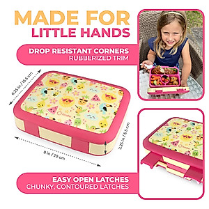 kinsho Bento Lunch Box for Kids Toddlers Girls, 4 Portion Sections Secure Lid, Microwave Safe BPA Free Removable Tray, Pre-School Kid Daycare Lunches Snack Container Ages 3 to 5, Cute Summer