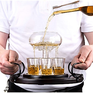 Shot Glass Dispenser Gift Set - Rich Wood Mahogany Serving Tray - 6 Shot Acrylic Glass Dispenser and Holder - Whiskey, Liquids, Drinks, Beverages, Cocktail for Drinking Games, Parties and Bars, Bezrat