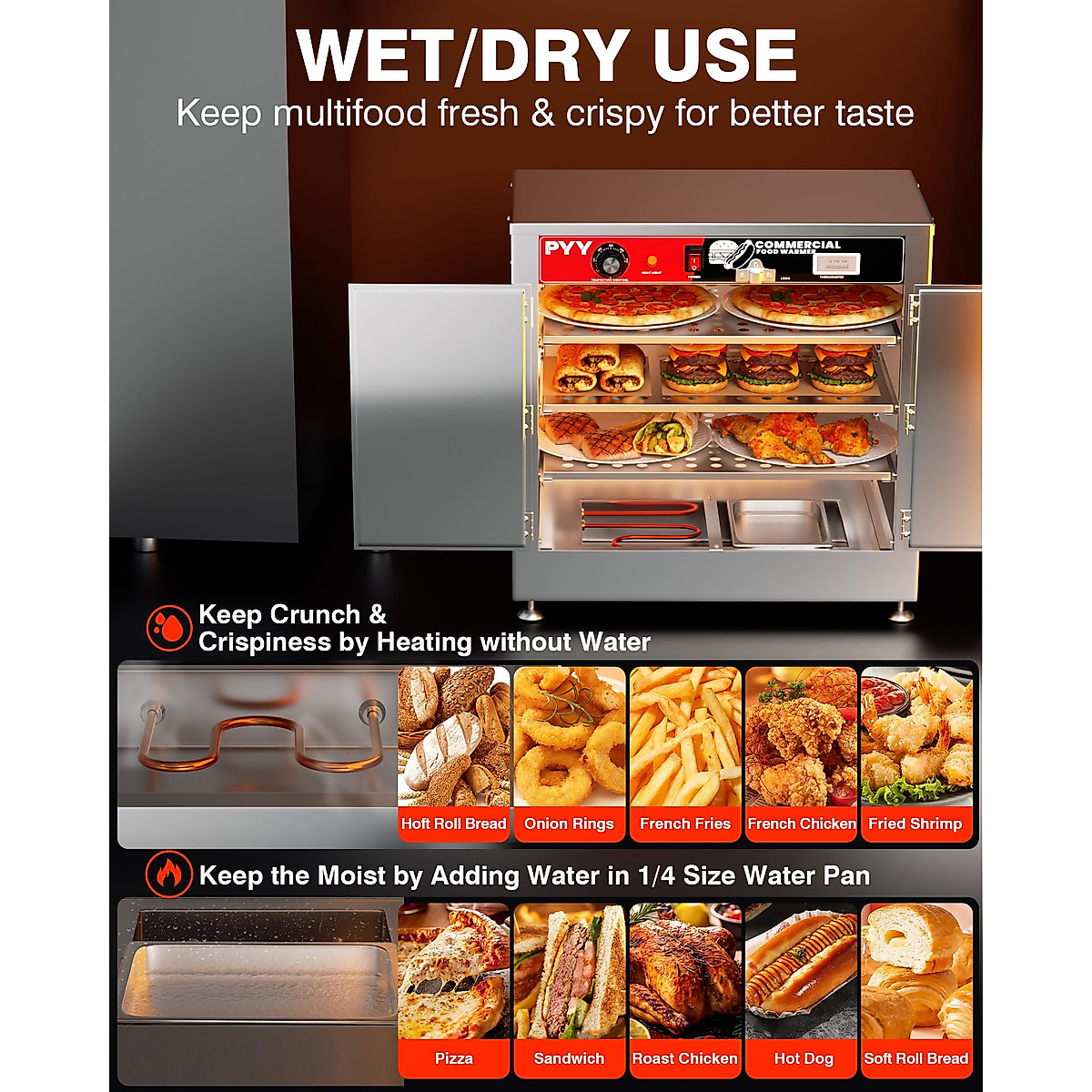 PYY Hot Box Food Warmer - 4 Tier Commercial Catering Warming Cabinet for Pizza Pretzel, Electric Countertop Heating Machine for Restaurant, Stainless Steel Dual Door with Water Tray and Thermometer