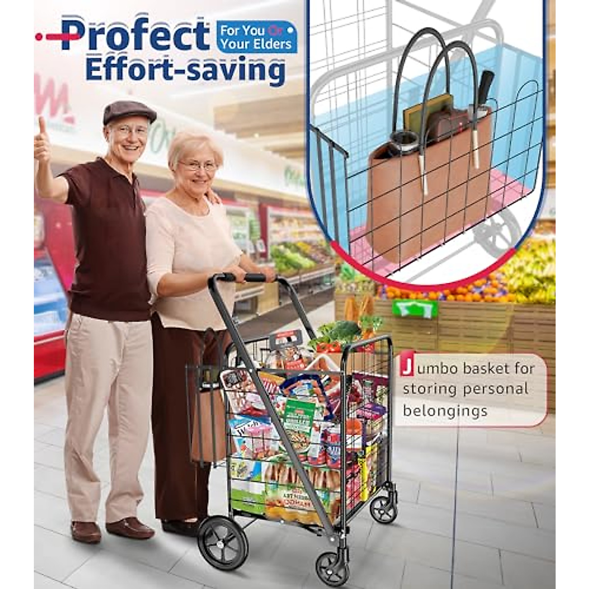 Shopping Cart，Jumbo 460 lbs Capacity Grocery Cart Heavy Duty Utility Cart w/Upgraded 360° Rolling Swivel Wheels & Double Basket Folding Shopping Cart for Transport Groceries, Luggage, Laundry, Condo
