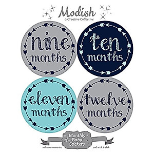 12 Monthly Baby Stickers, Baby Boy, Baby Belly Stickers, Baby Month Stickers, First Year Stickers Months 1-12, Arrows, Tribal, Navy, Blue, Teal, Aqua, Gray, Grey, Boy