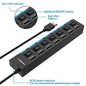 USB Hub Multi Port Splitter - LOBKIN 7 Port Data Hub USB 2.0 with Individual On/Off Switch and LED Lights Portable Desktop USB Hub Extender Ports for Laptop Computer PC MacBook
