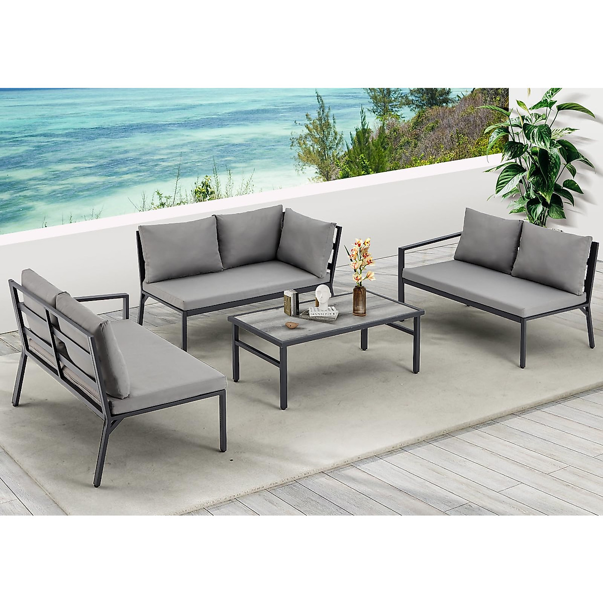 AECOJOY Aluminum Patio Furniture Set, Modern Outdoor Sectional Set, Patio Conversation Table and Chair Sets for Lawn, Backyard, and Deck with Grey Cushions