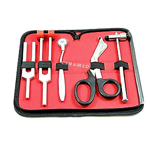 5 Piece Student Diagnostic Kit - Reflex Neurological Buck Hammer And Tuning Fork Set C 128 And C 512. Includes Wartenberg Pinwheel, Premium Steel Bandage Scissor 7.5” Black