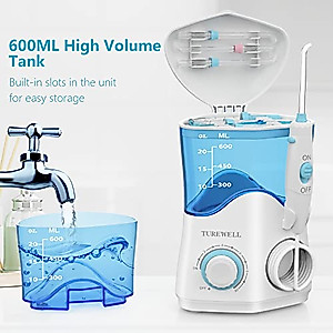 TUREWELL Water Dental Flosser for Teeth/Braces, Water Teeth Cleaner Pick 8 Jet Tips and 10 Pressure Levels, 600ML Large Water Tank Oral Irrigator for Family(White)