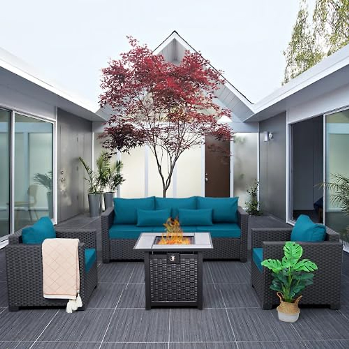 Lviden 4 Pieces Outdoor Patio Furniture Set, Wicker Conversation Sets, Black PE Rattan Sectional Couch Sofa with 50000 BTU Gas Fire Pit Table and Peacock Blue Cushions