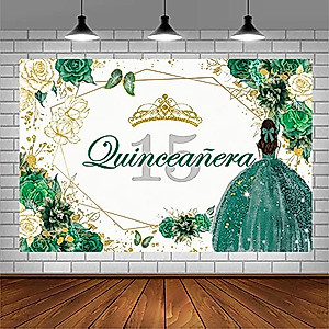 Sendy 7x5ft Quinceanera 15th Birthday Backdrop for Sweet Girl Mis Quince Anos 15th Birthday Party Decorations Green Gold Glitter Floral Crown Butterfly Banner Photography Background Cake Table Props