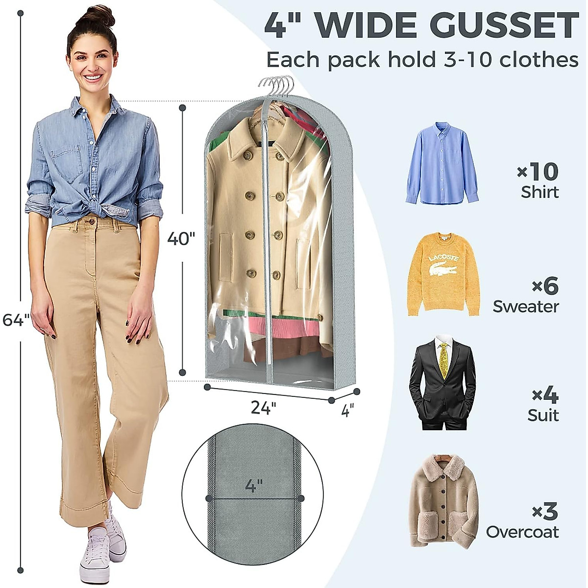 4 pack 40" Clear Garment Bags for Hanging Clothes, Suit Bags for Closet Storage, Clothing Storage, Garment Bags for Travel Covers with 4" Gussets for Coats, Shirts, Jackets, Sweater