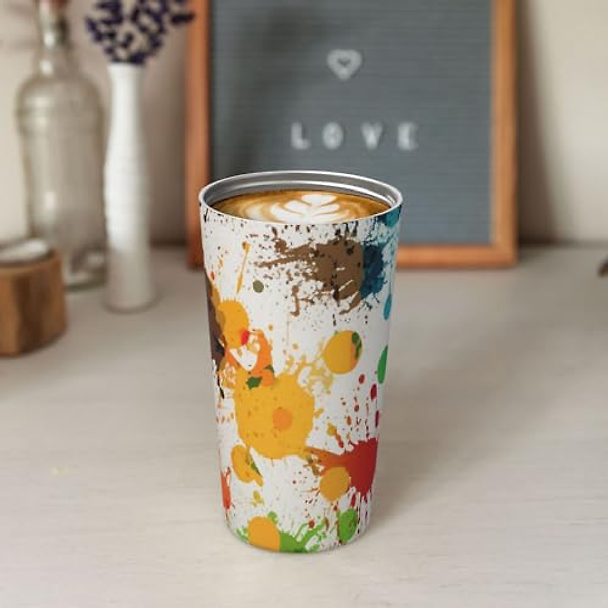 GTKSYNVE Reusable Coffee Mug with Lid and Handle, Abstract Paint Splashes Tumbler for Hot & Cold Drinks 16oz Stainless Steel Insulated Coffee Tumblers Double Wall Vacuum Thermal Cup