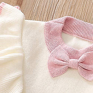 IDOPIP Toddler Kids Baby Girls Knit Sweater Dress Ruffle Long Sleeve Bowtie Sweater T-shirt Top + Tutu Skirt Princess Casual Birthday Party Dresses Fall Winter Outfit Clothes 2PCS Set Pink 4-5 Years