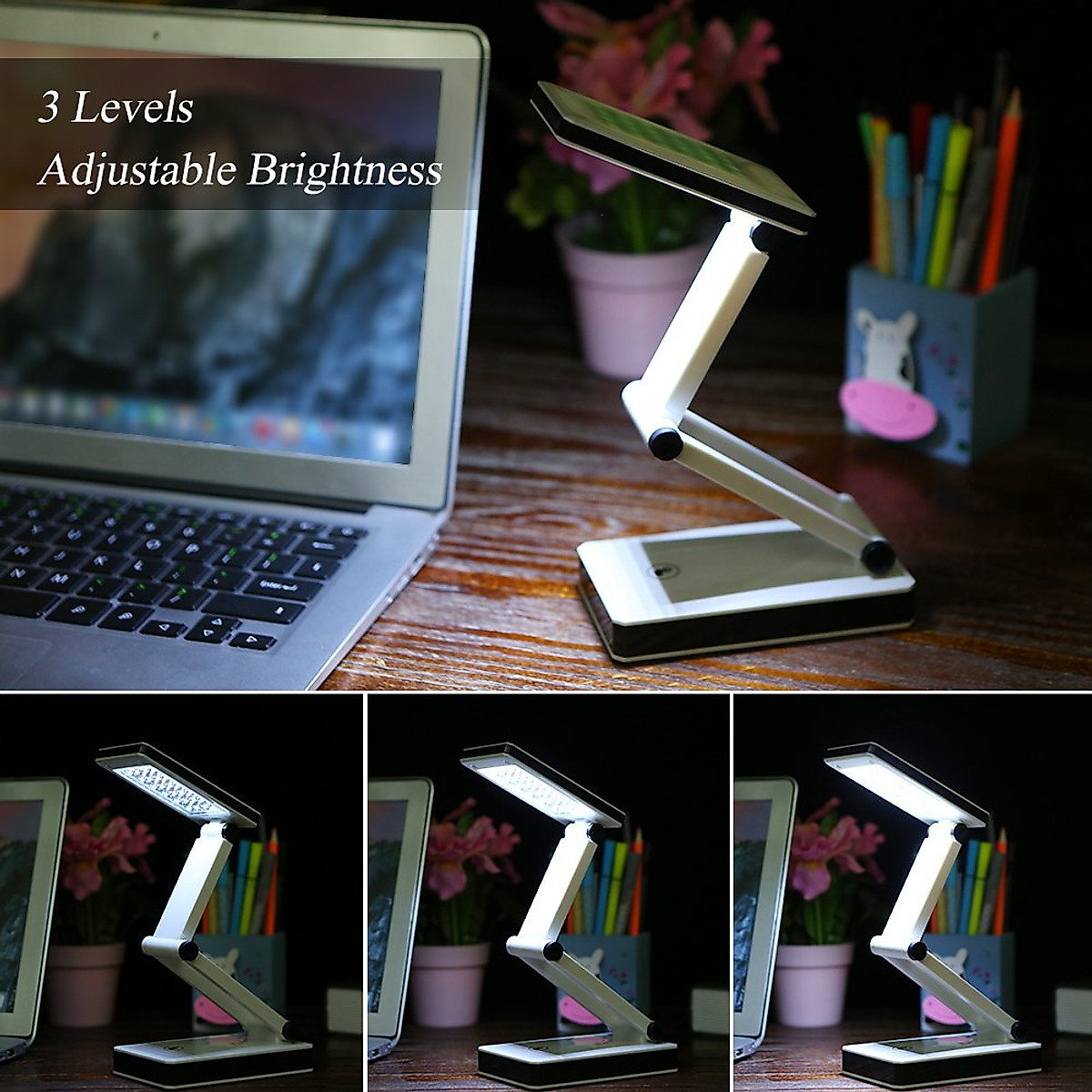 LED Table Lamp Portable Folding 24 Desk Light, Port 4 * AA Batteries Powered Operated with Sensitive Touch Control 3 Levels Adjustable Brightness Dimmable USB Charging for Students Reading Working