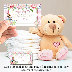 Little Rabbit Floral Themed Diaper Raffle Tickets for Girl Baby Showers, 20 2" X 3” Double Sided Insert Cards for Games by AmandaCreation, Bring a Pack of Diapers to Win Favors & Prizes!