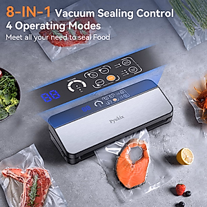Pyukix Vacuum Sealer Machine, Food Sealer Machine 80KPA Fully Automatic 8-IN-1 Food Saver for Dry/Moist Mode with Build-in Cutter&Storage, Air Suction Hose, Digital Countdown, Roll Bag, 11 Vacuum Bags