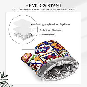 Oven Mitts and Potholders Colorful Geometric Ethnic Silicone Glove Heat Resistant, Kitchen Gloves for Cooking, 2-Piece Set