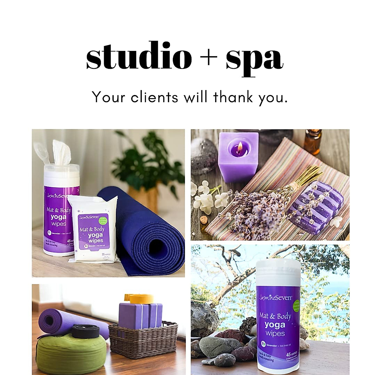 Yoga Wipes for Body and Mat - Natural Lavender and Tea Tree - 45 Wipes in Resealable Canister - by Jasmine Seven - for Home, Studio, Gym, Spa