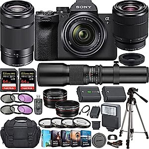 Camera Bundle for Sony a7 IV Mirrorless Camera with FE 28-70mm f/3.5-5.6 OSS, E 55-210mm f/4.5-6.3 OSS, 500mm f/8.0 Manual Focus Lens + Accessories (128GB, Photo/Video Editing Software, and More)
