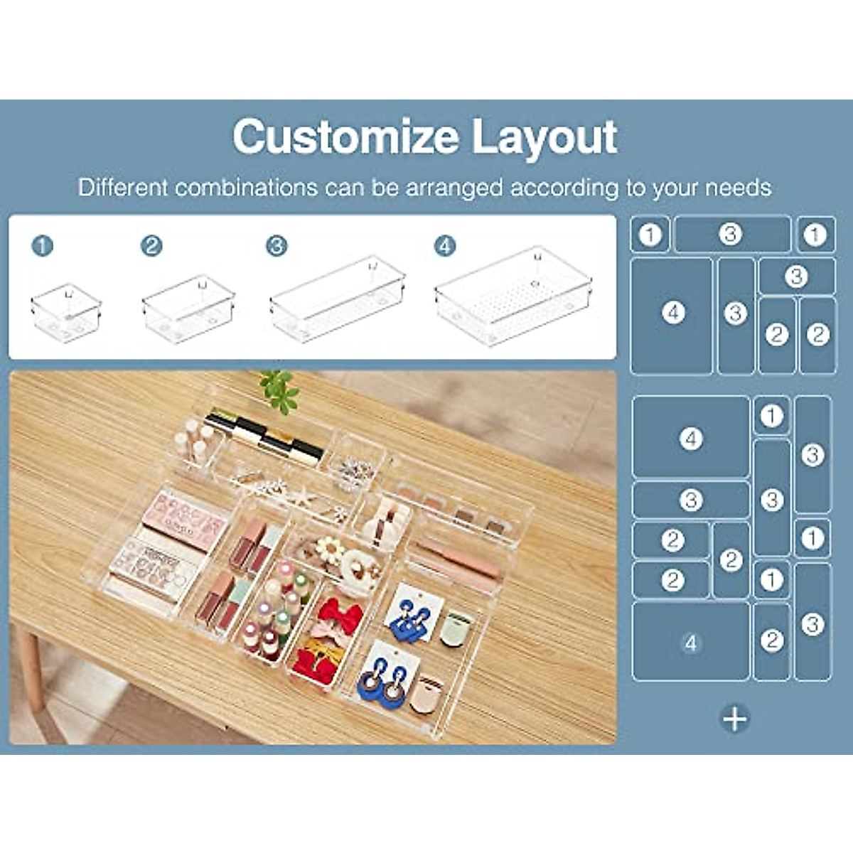 Puroma 25 PCS Drawer Organizer with Non-Slip Silicone Pads, 4-Size Versatile Vanity Drawer Storage Bins, Clear Plastic Drawer Organizer Trays, Customize Layout Organizer for Makeup and Bathroom Vanity