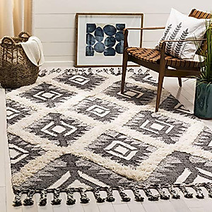 SAFAVIEH Kenya Collection Area Rug - 8' x 10', Black & Ivory, Hand-Knotted Moroccan Tribal Tassel Wool, Ideal for High Traffic Areas in Living Room, Bedroom (KNY910H)