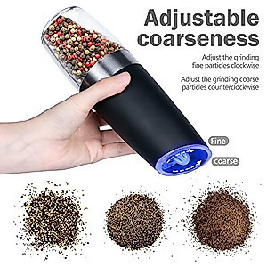 2 Pack Gravity Electric Salt and Pepper Grinder Set Automatic Battery Powered Salt Mill, Adjustable Coarseness, with Blue LED Light, One Hand Operated