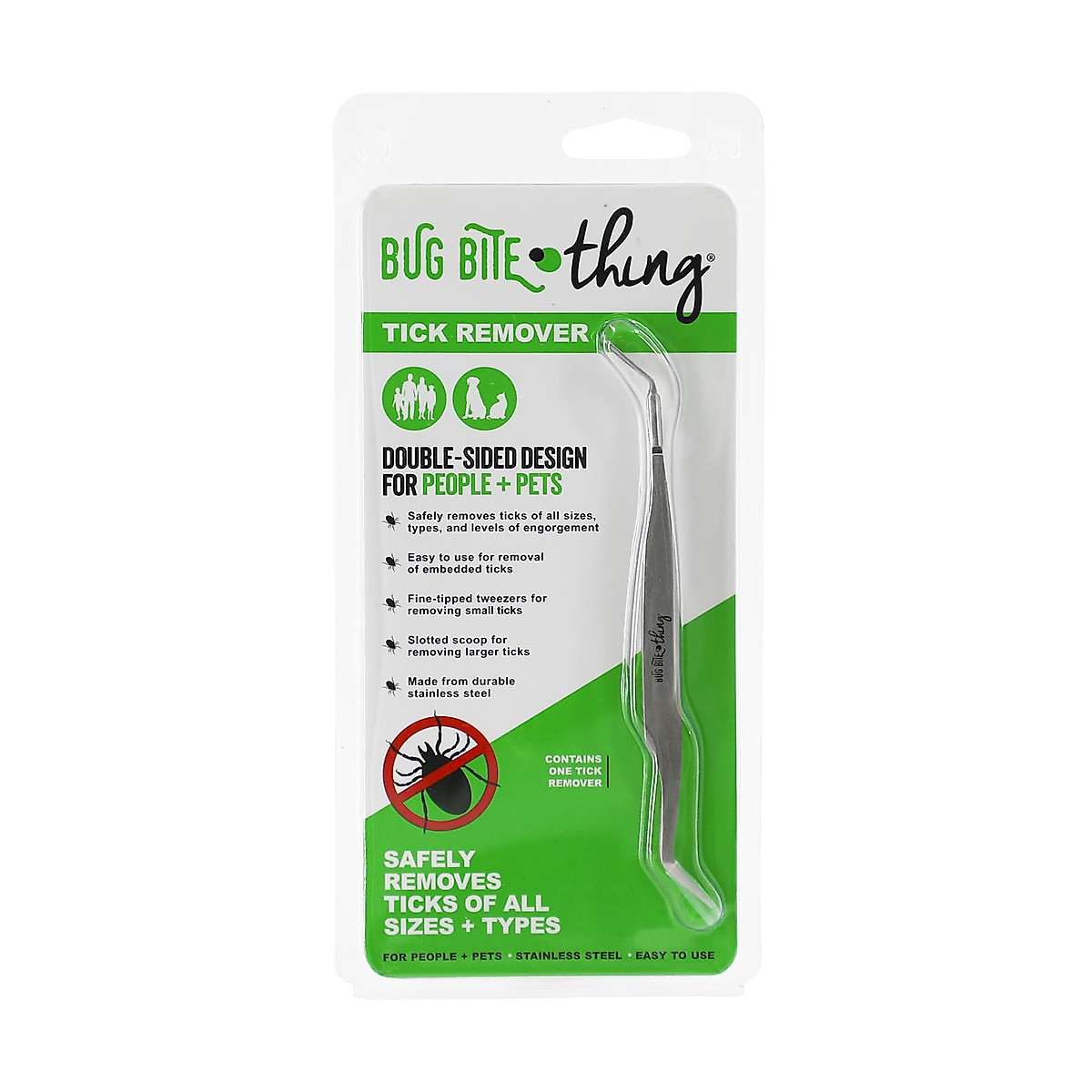 BUG BITE THING Tick Remover Tool for People & Pets, Patented Two Sided Stainless Steel Design with Fine Tipped Tweezers, Formerly Known as TickEase